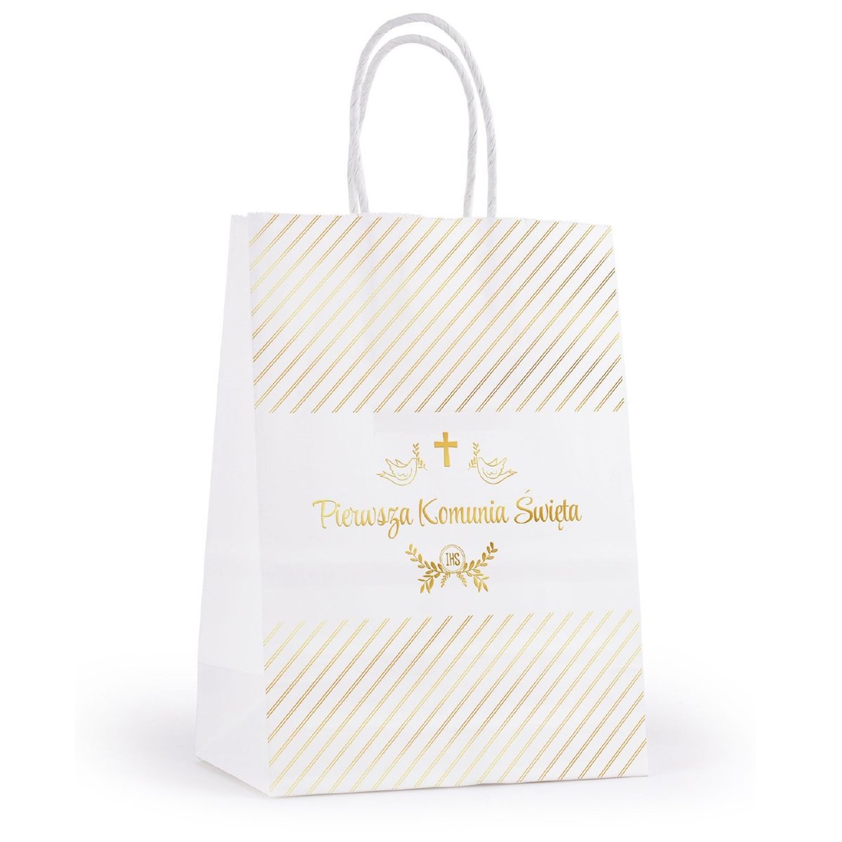 Papierowa torebka prezentowa Pierwsza Komunia Święta – biała ze złotym nadrukiem - del-sol ...