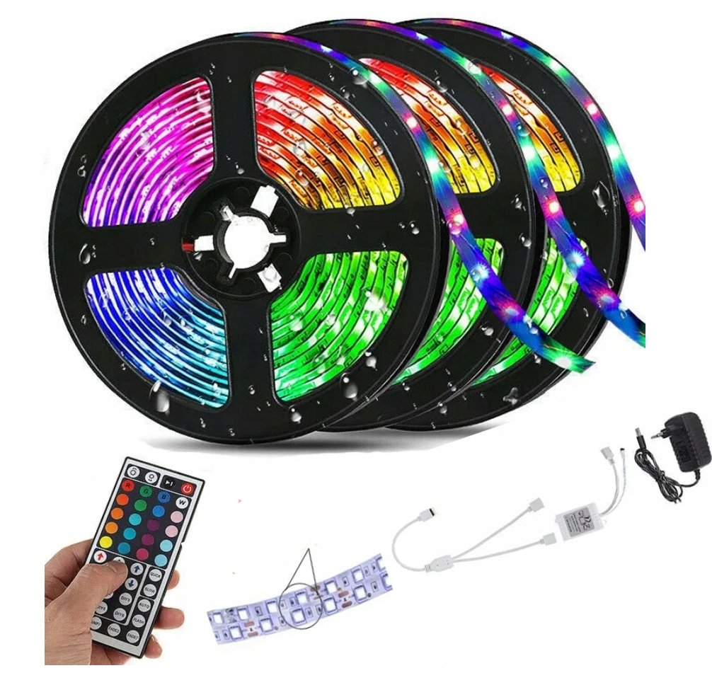 Pasek LED 5m kolorowy 2835RGB 2A 12V z adapterem i pilotem ...