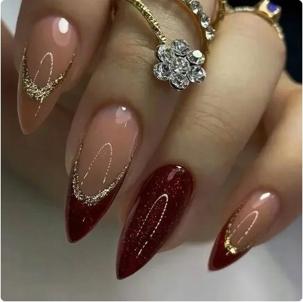 Paznokcie Sztuczne Tipsy Almond Bordowy French Brokatowe Samoprzylepne ...