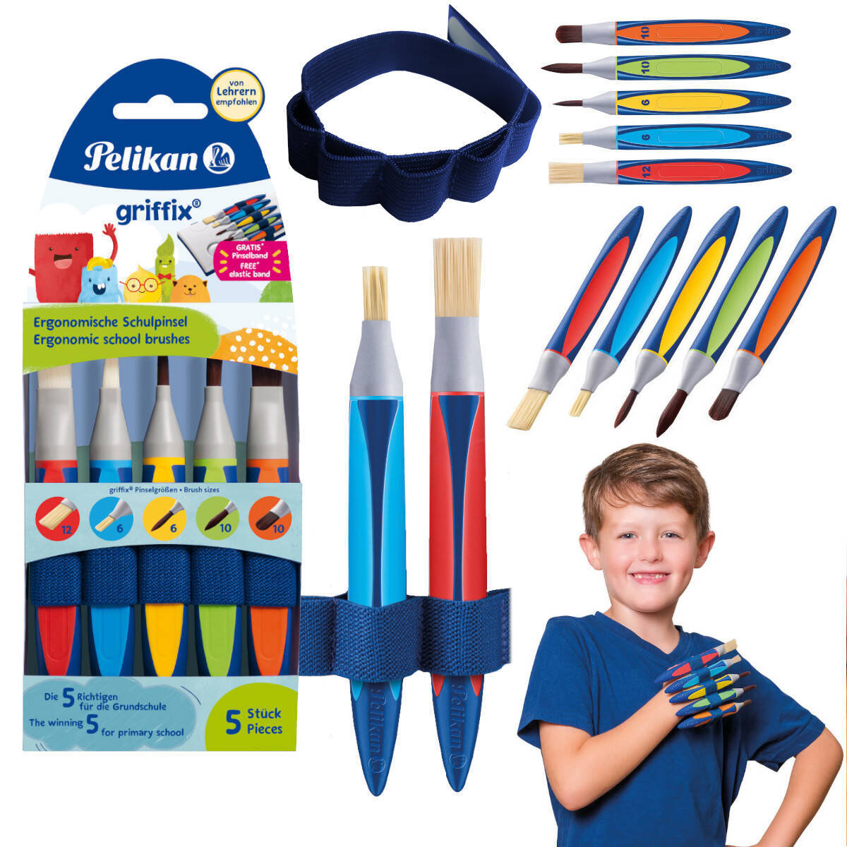 Pędzle Griffix płaskie okrągłe 6/10/12 trójkątny uchwyt 5szt +gumka ...