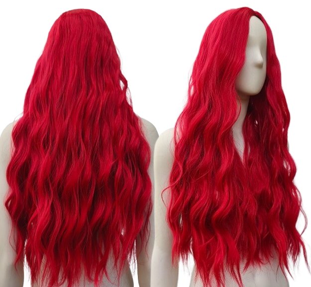 Peruka CZERWONA długa loki fale bez grzywki kręcone włosy cosplay anime ...