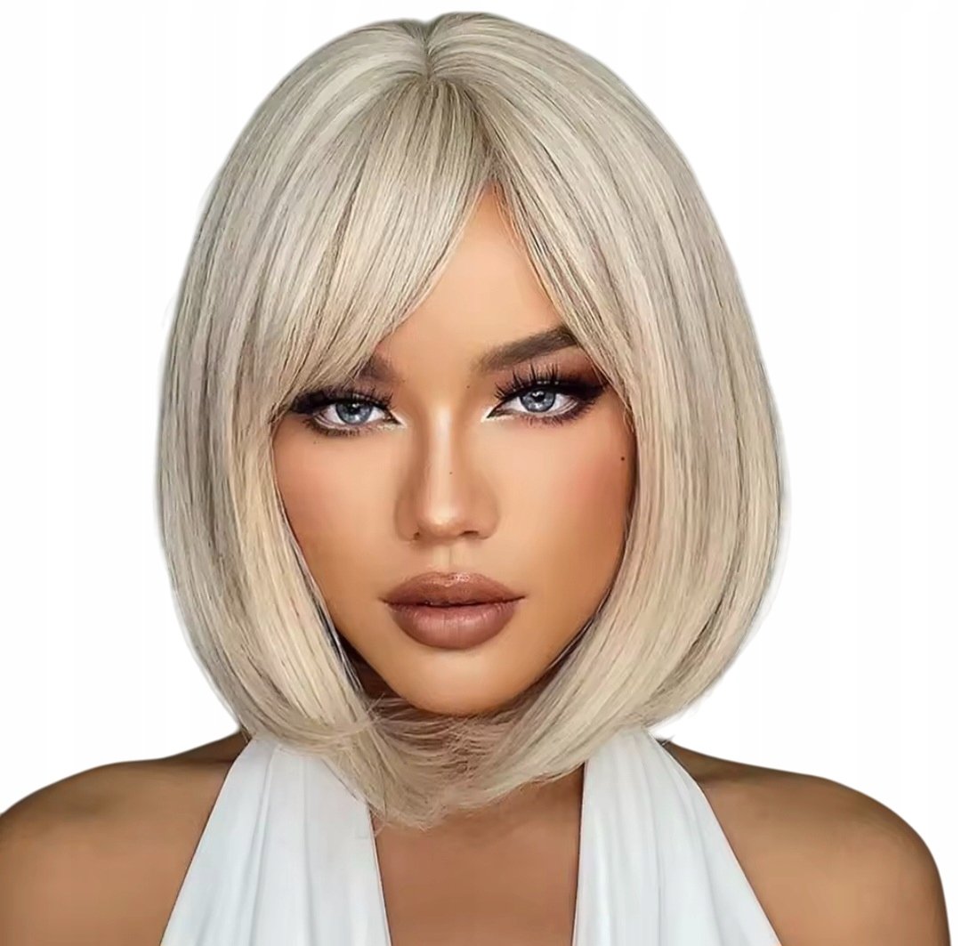 Peruka damska biały blond bob z grzywką włosy jak naturalne peruki ...
