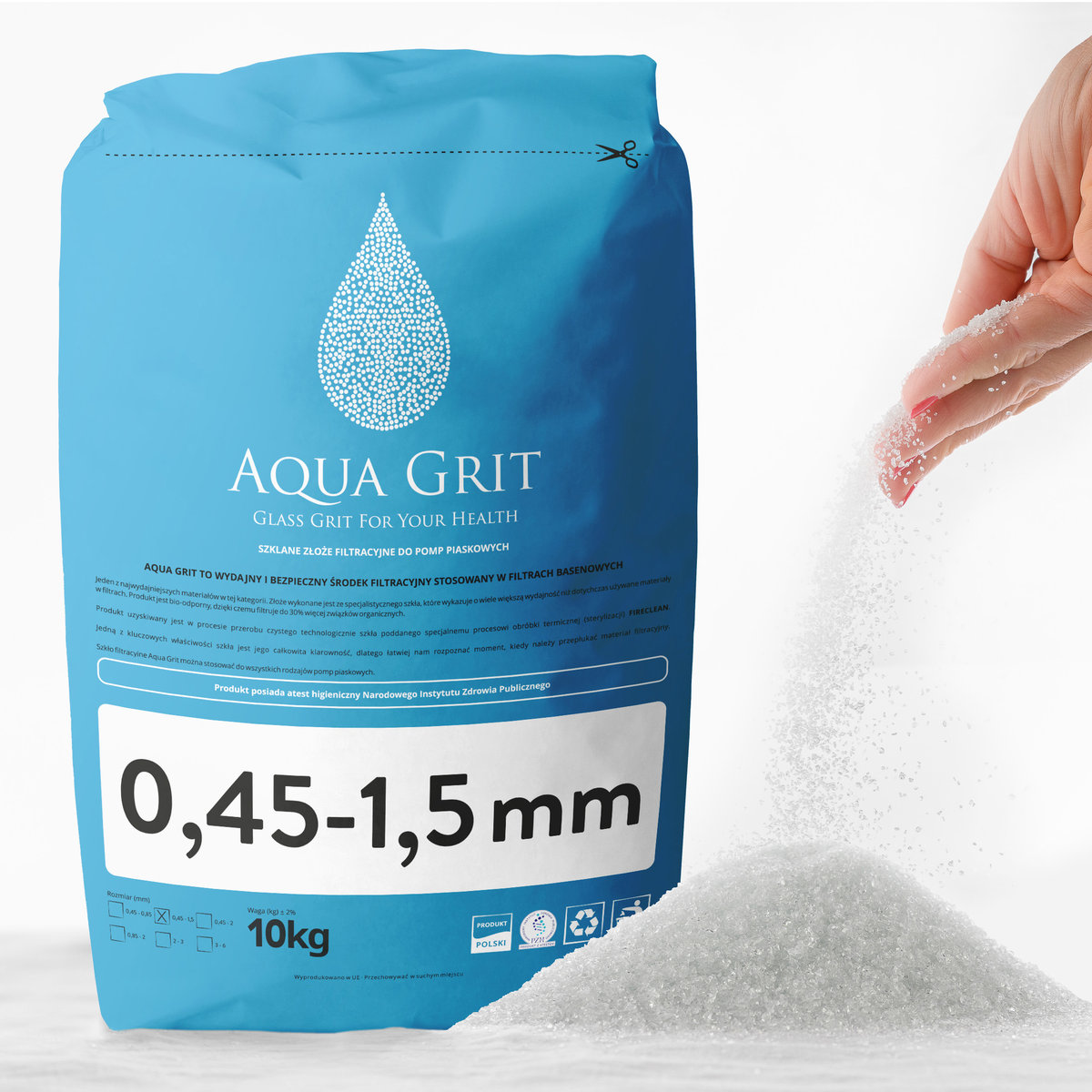 Piasek kwarcowy PREMIUM 0,45 - 1,5 mm szkło Aqua Grit 10kg Atest PZH ...