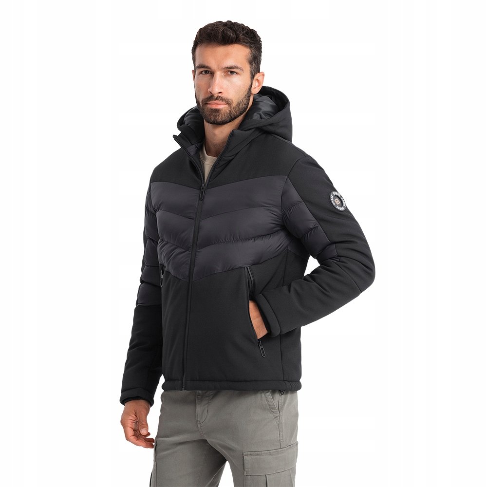 Pikowana męska kurtka z łączonych materiałów czarna V1 OM-JALP-0172 M ...