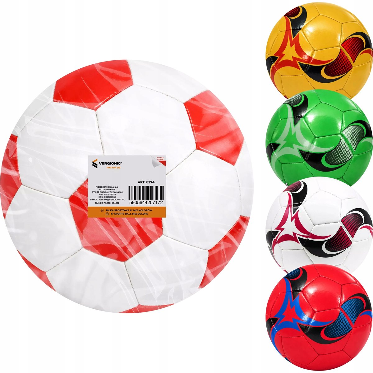 Piłka sportowa 15 cm 6 cali PVC szyta mix kolorów Vergionic - Vergionic ...