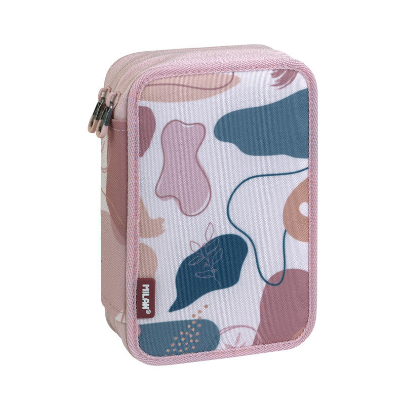 Piórnik z wyposażeniem dwukomorowy dla dzieci, Milan, liście, różowy ...