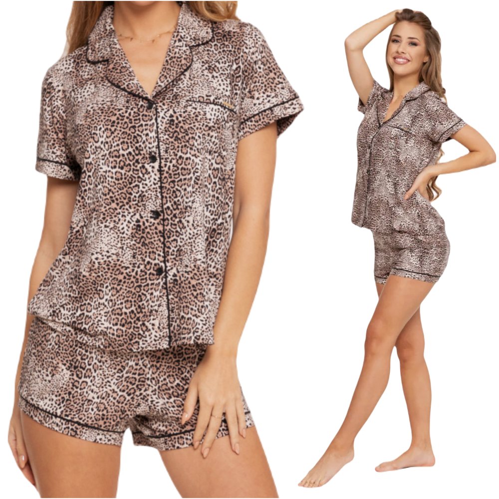 Piżama damska dwuczęściowa krótka ROZPINANA elegancka wzór panterka brąz M - Moraj | Moda Sklep ...