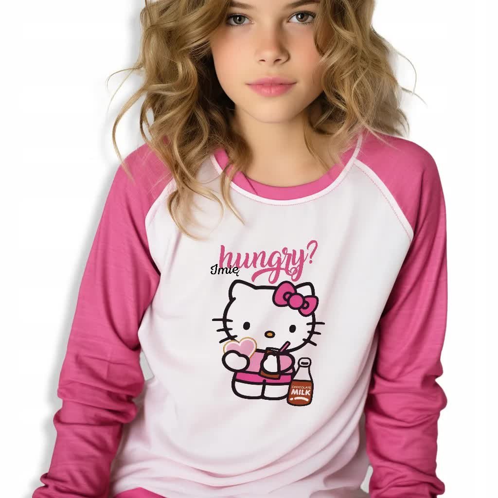 Piżama Fuksja Długi Rękaw Spodnie HUNGRY? *IMIĘ* Hello Kitty Wzory ...