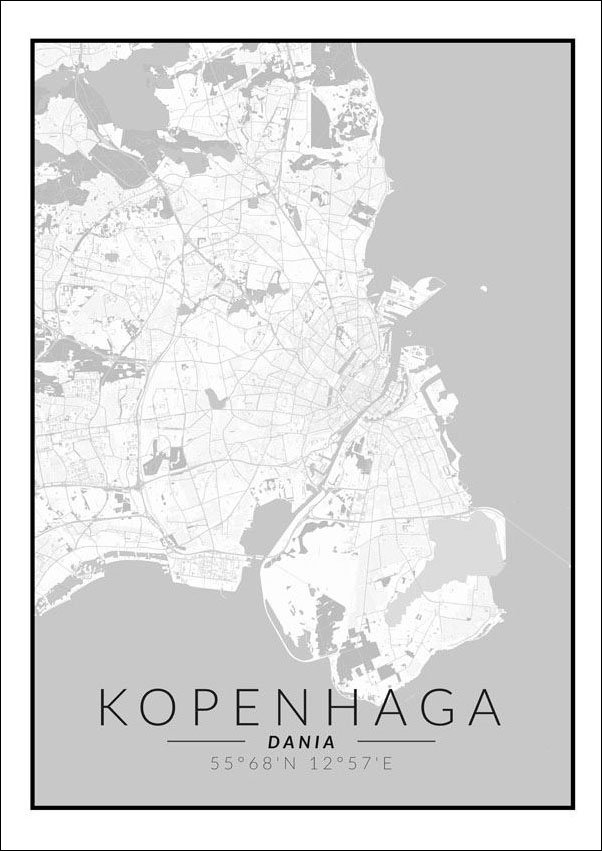 Plakat, Kopenhaga mapa czarno biała, 40x60 cm - reinders | Sklep EMPIK.COM