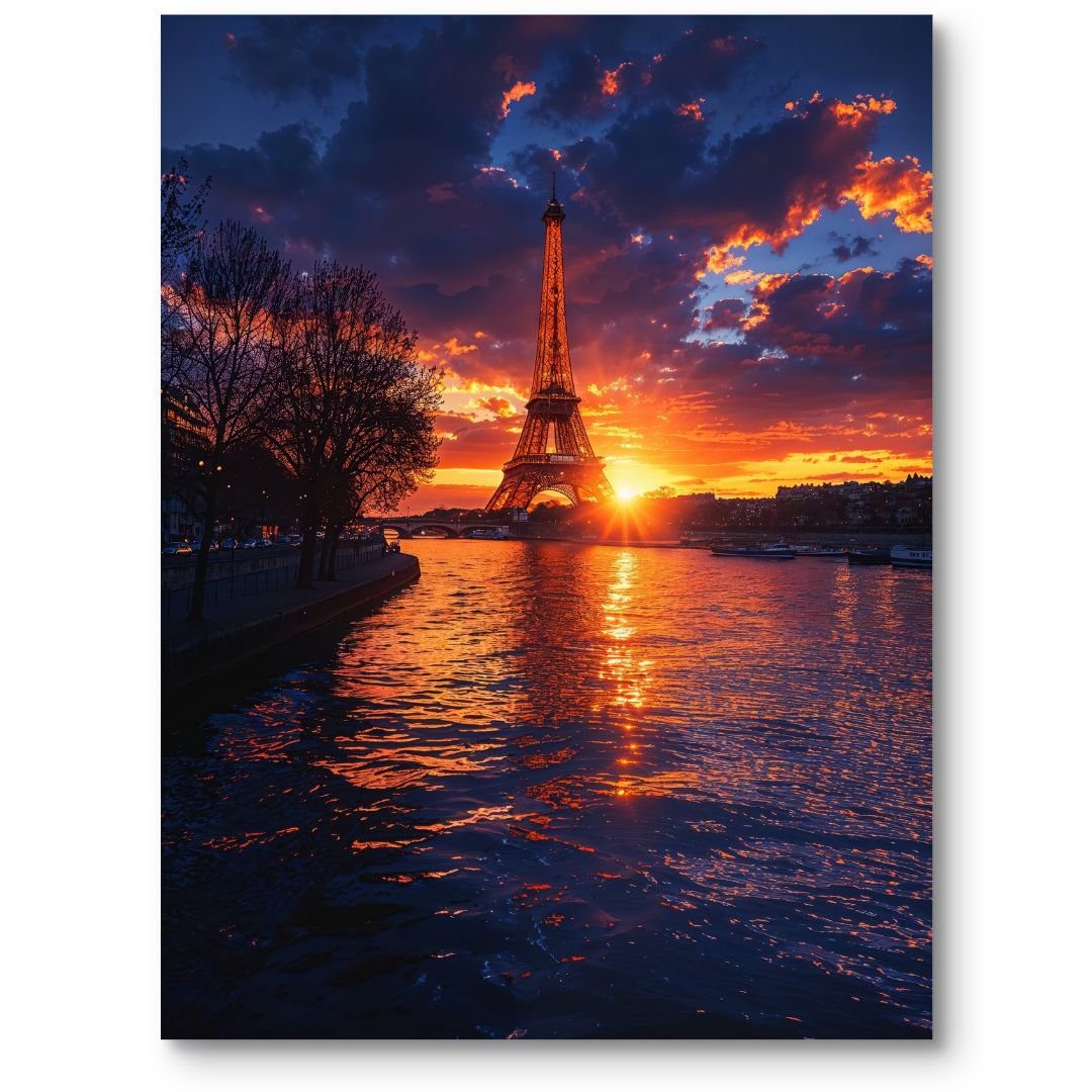 Plakat na ścianę wieża Eiffla zachód słońca do salonu pomarańczowo ...
