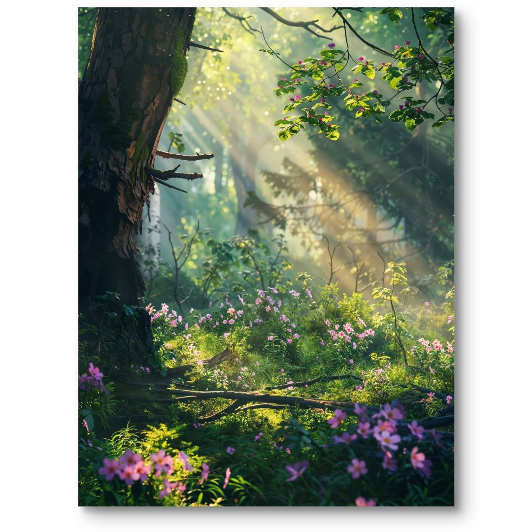 Plakat natura i krajobrazy las kwiaty w lesie do salonu zielono-różowy ...