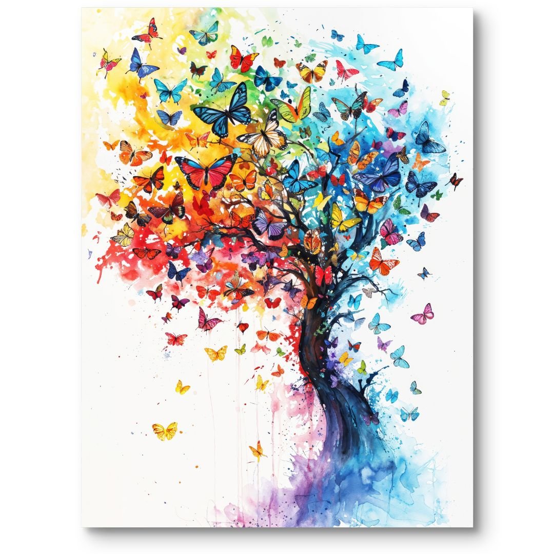 Plakat natura kolorowe drzewo motyle do salonu tęczowy niebieski 50x70 ...