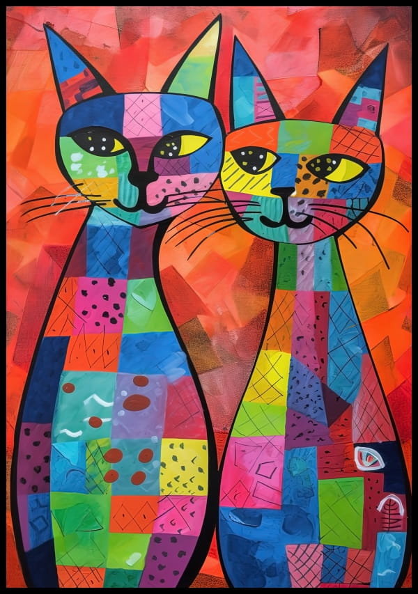 Plakat z abstrakcyjną grafiką kolorowe koty, patchwork, format A4 ...
