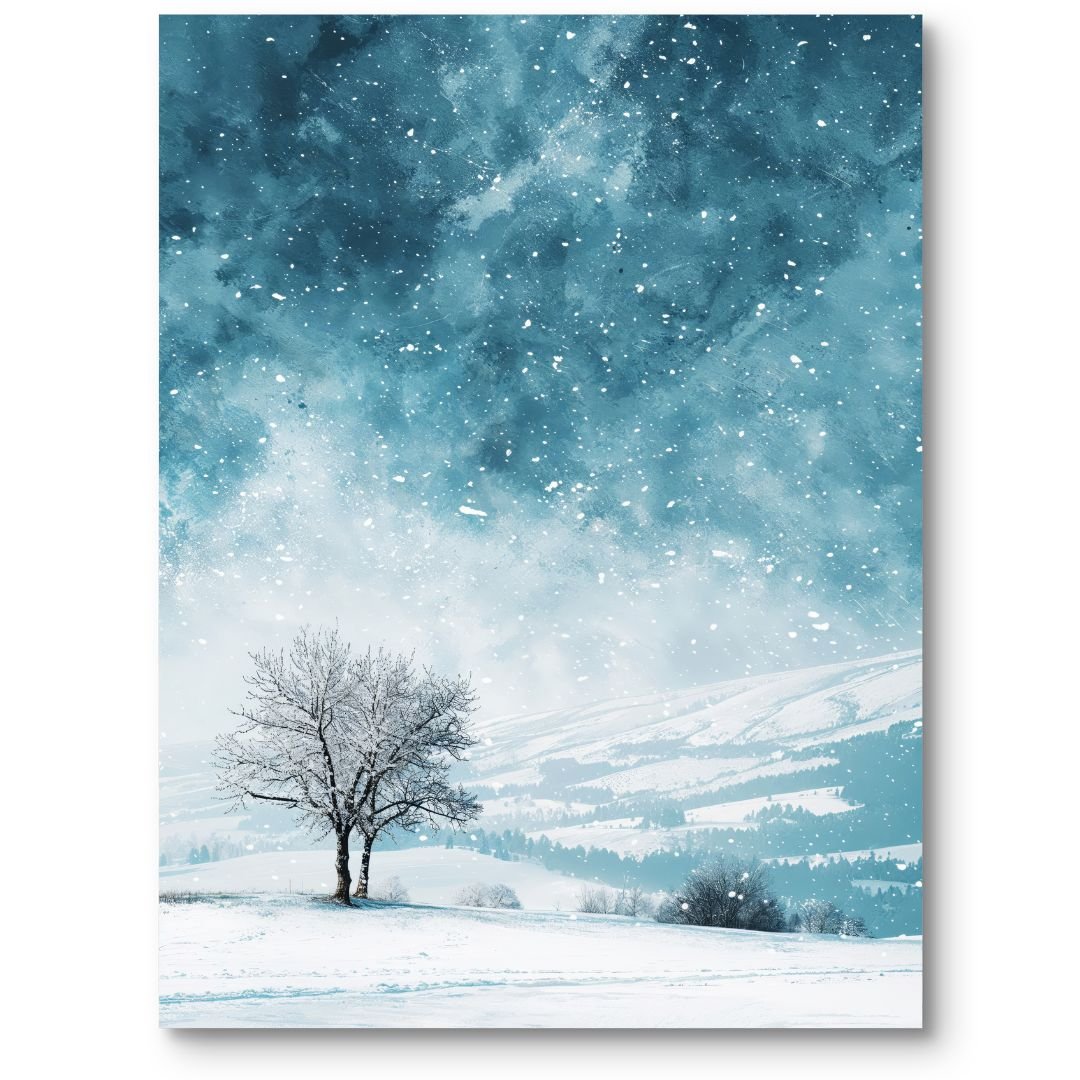 Plakat zimowy krajobraz zima samotne drzewo biały do salonu niebieski ...