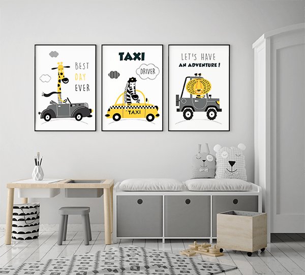 Plakaty czarno szaro żółte z Autkami, pokój chłopca format A4 - Wallie ...