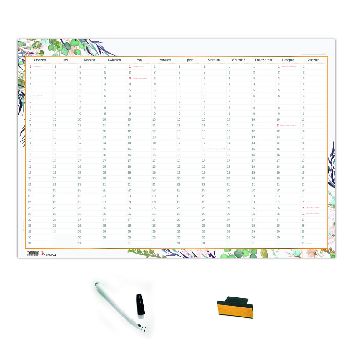 Planer Roczny Suchościeralny Floral + Czarny Marker + Uchwyt ...