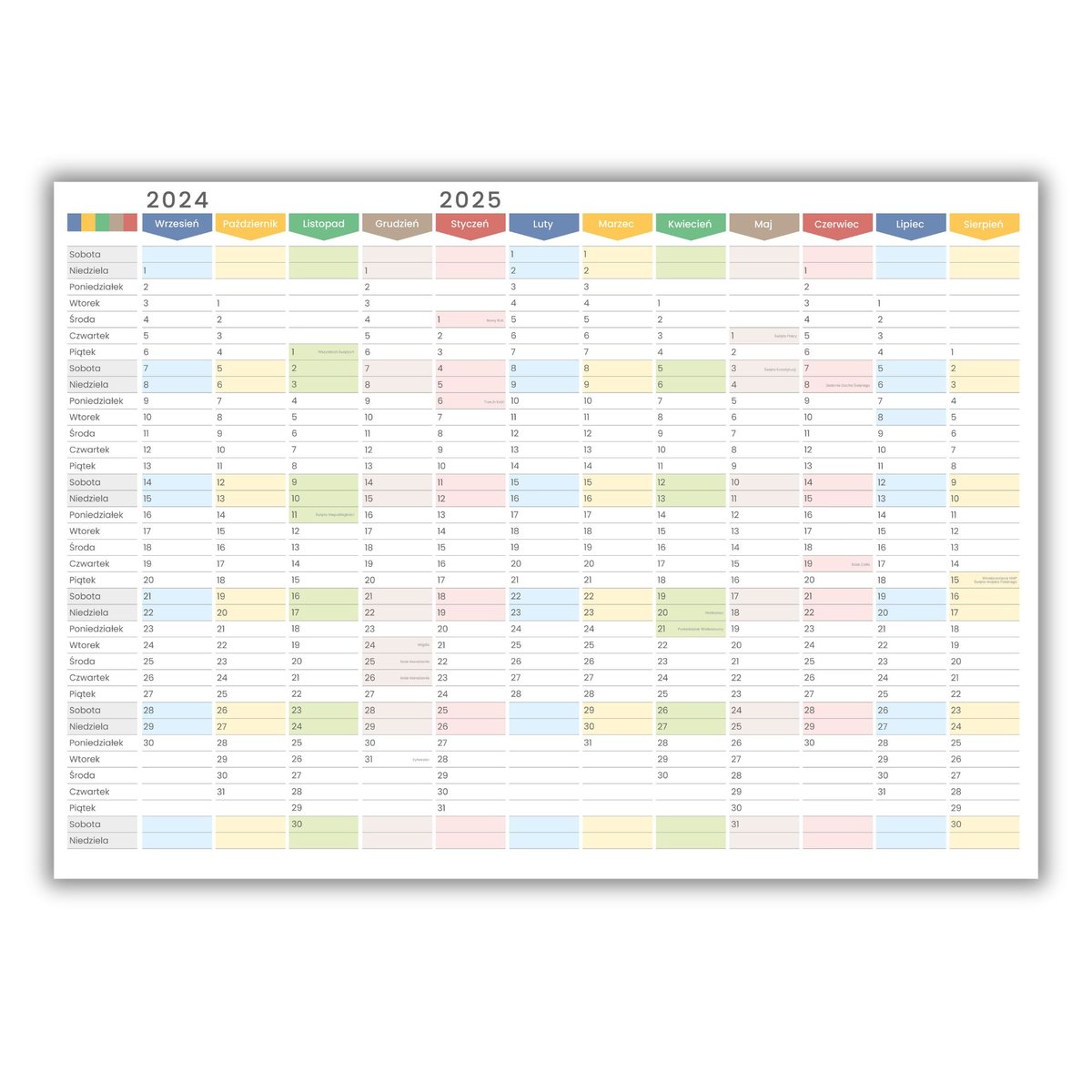 Planer ścienny szkolny kalendarz 2024/2025 B2 niezmywalny TĘCZA ...