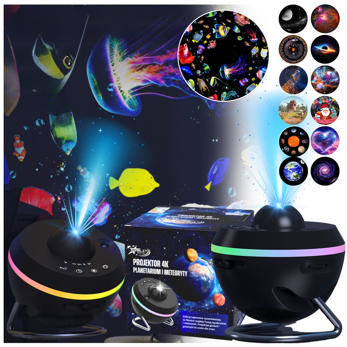 PLANETARIUM 4K PROJEKTOR PLANET GWIAZD METEORYTY LAMPKA NOCNA 13 dysków ...