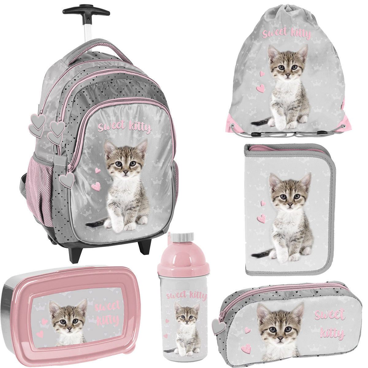 Plecak szkolny na kółkach zestaw dla dziewczynki, kot, szary, Paso - Paso | Sklep EMPIK.COM
