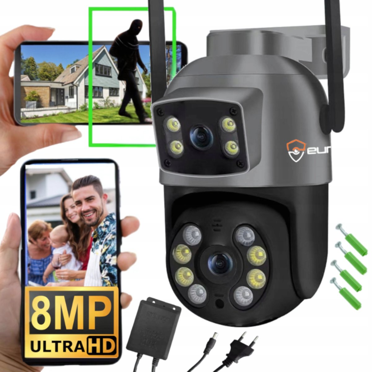 PODWÓJNA KAMERA WIFI IP SMART ZEWNĘTRZNA OBROTOWA UHD 8MPX APLIKACJA ...