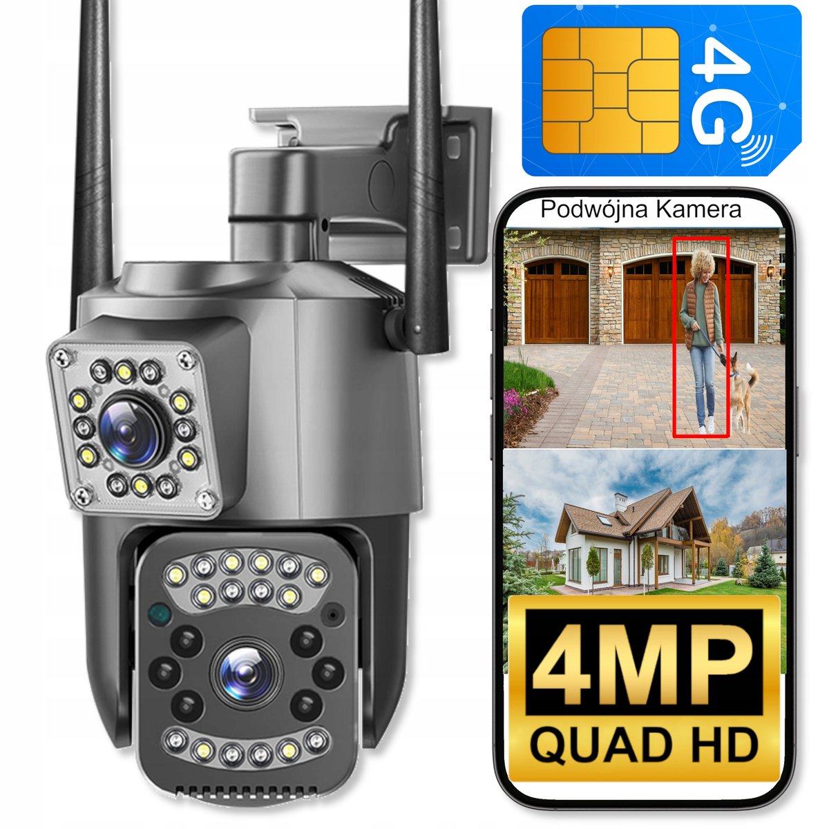 Podwójna Kamera Zewnętrzna 4Mpx Qhd 4G Gsm Lte Obrotowa Monitoring Domu ...