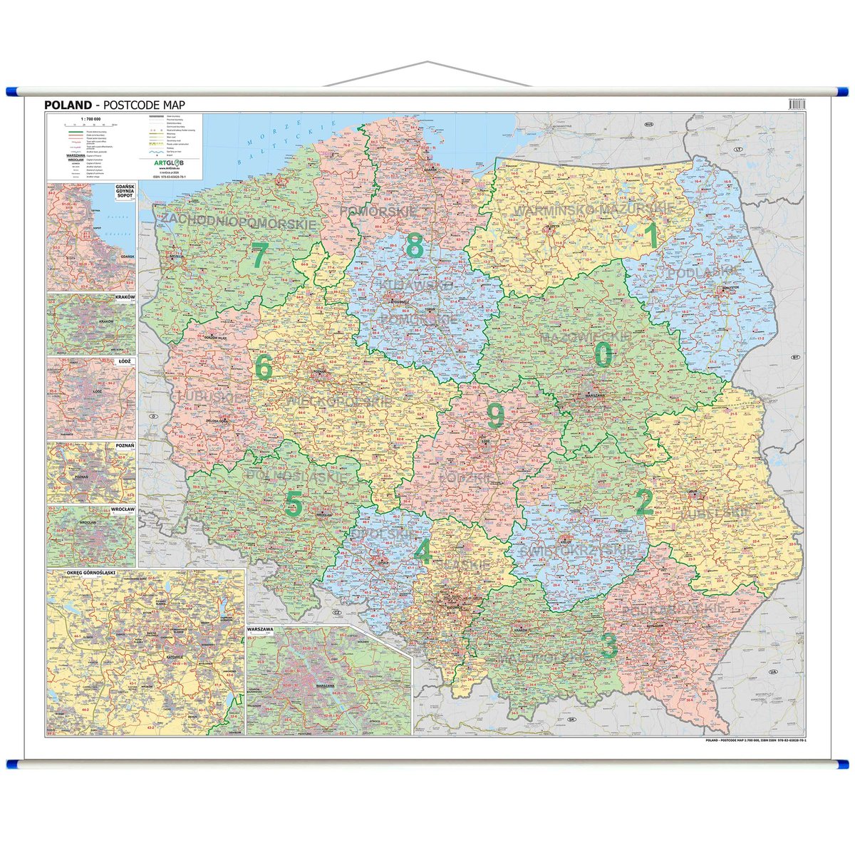 Polska. Mapa ścienna kody pocztowe 1:700 000 wersja angielska ...