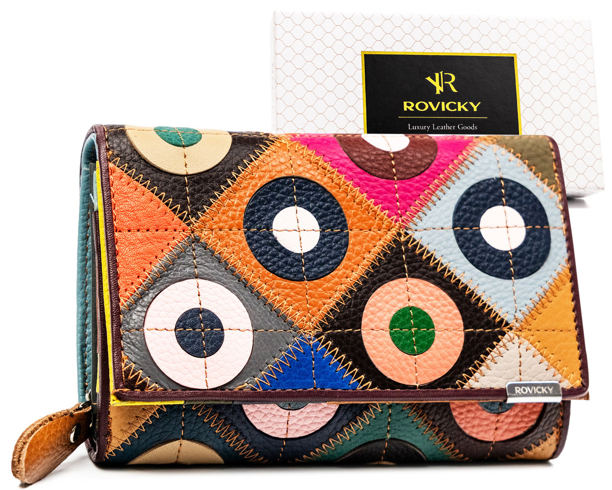 Portfel damski skórzany Rovicky retro kolorowy wzór portmonetka na ...