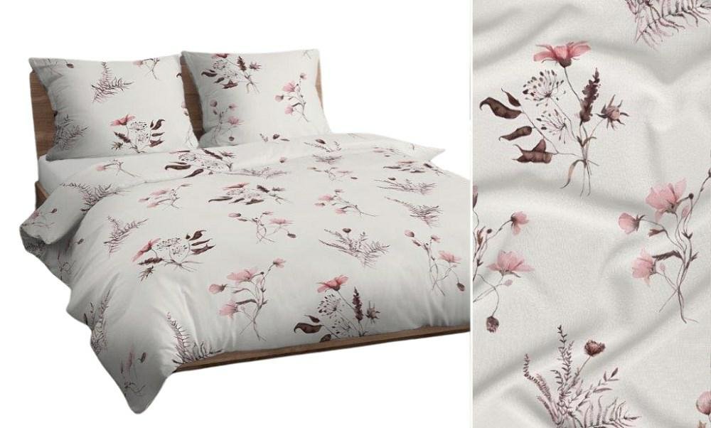 Pościel 160x200 biała różowa kwiaty liście bawełna Max - Karo | Sklep ...