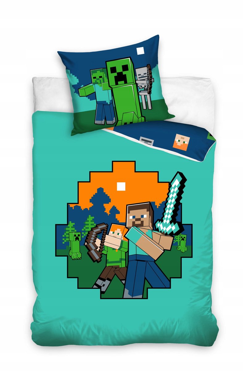 POŚCIEL 160x200 MINECRAFT ALEX STEVE CREEPER NIEBIESKA 100% BAWEŁNIANA ...