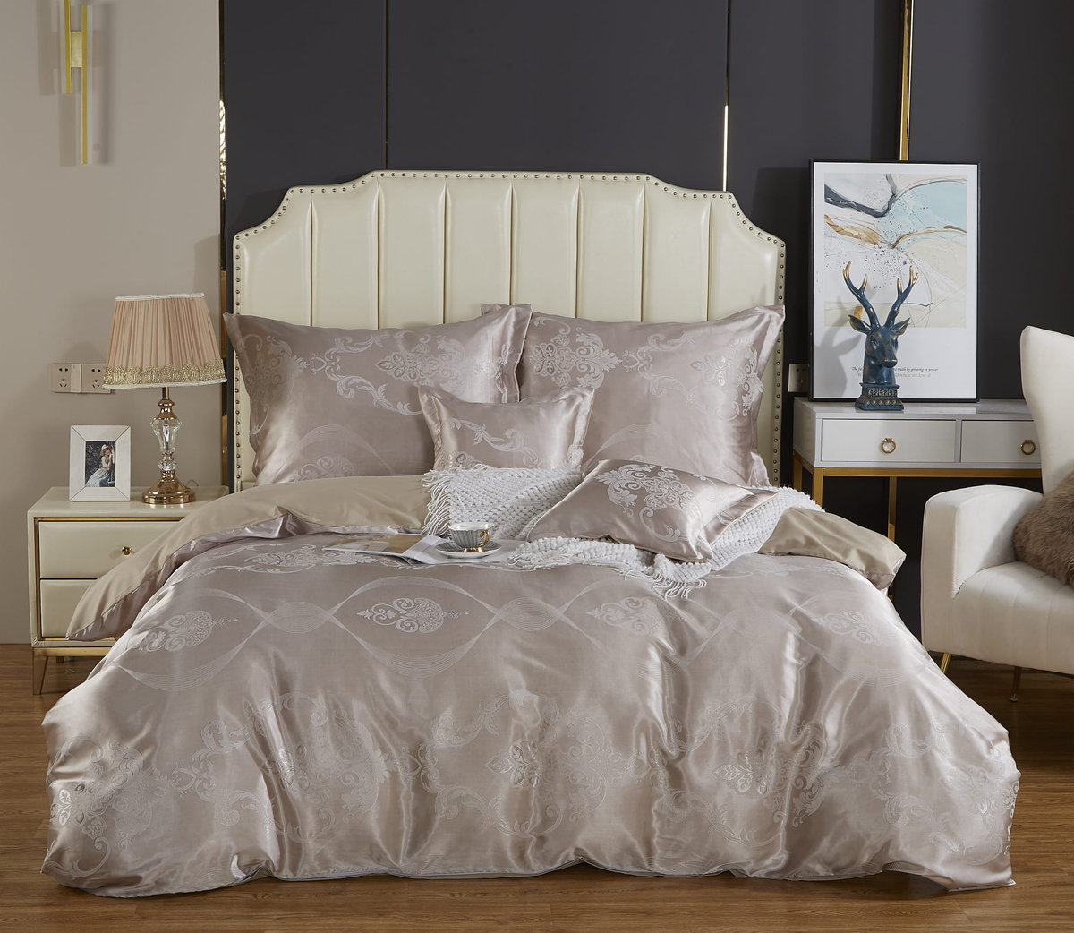 Pościel atłasowa haftowana 200x220 cm ekskluzywna beżowa ornamentowy ...