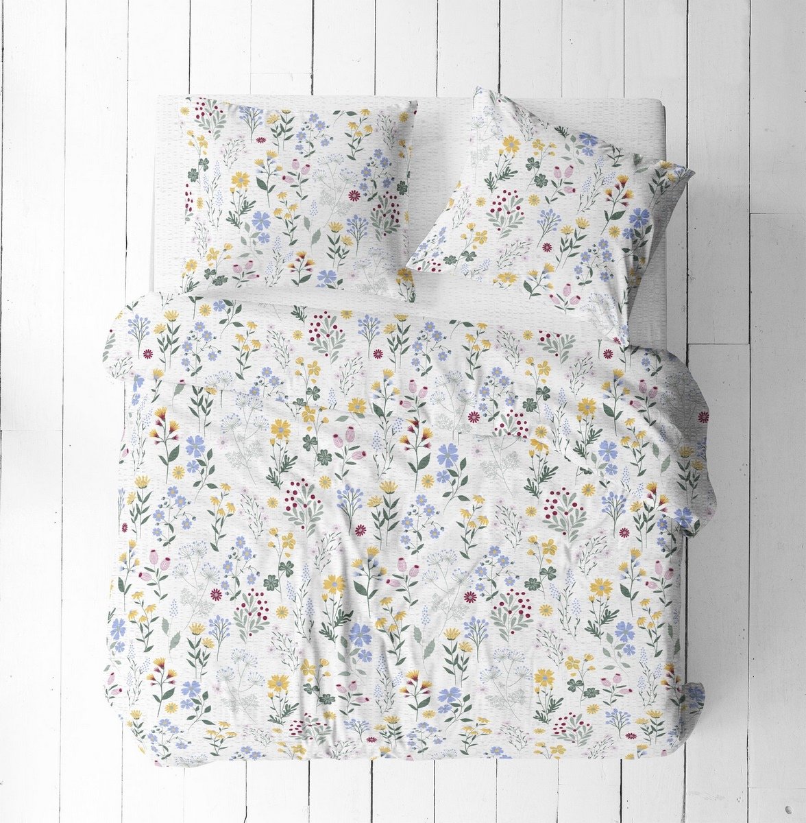 Pościel z kory 140x200 biała żółta niebieska turkusowa letnia łąka ...