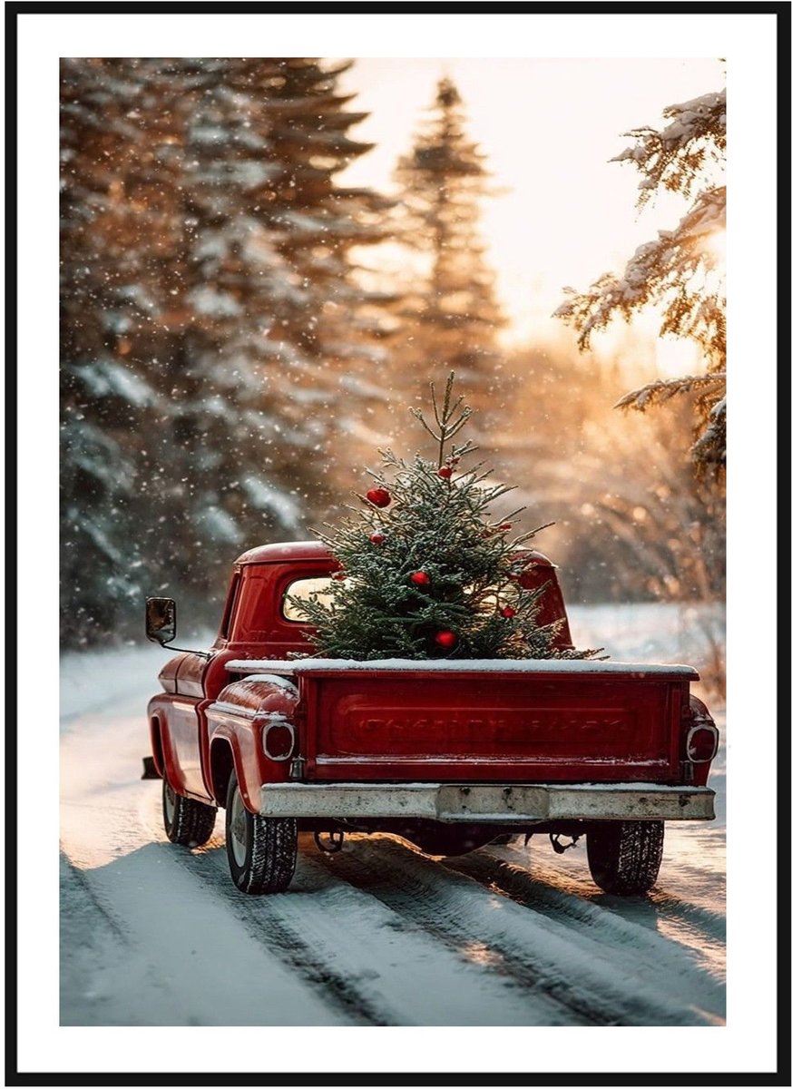 Poster Story, Plakat, Obraz - Czerwony Pick-up z Choinką w Śniegu ...