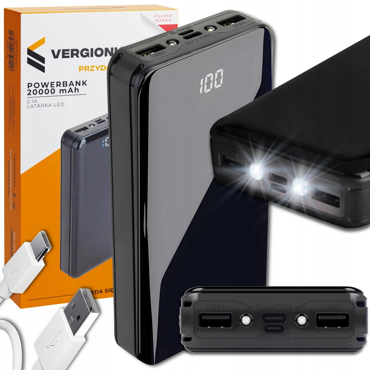 Powerbank 20000 mAh POWER BANK USB, USB-C z latarką LED szybkie ...