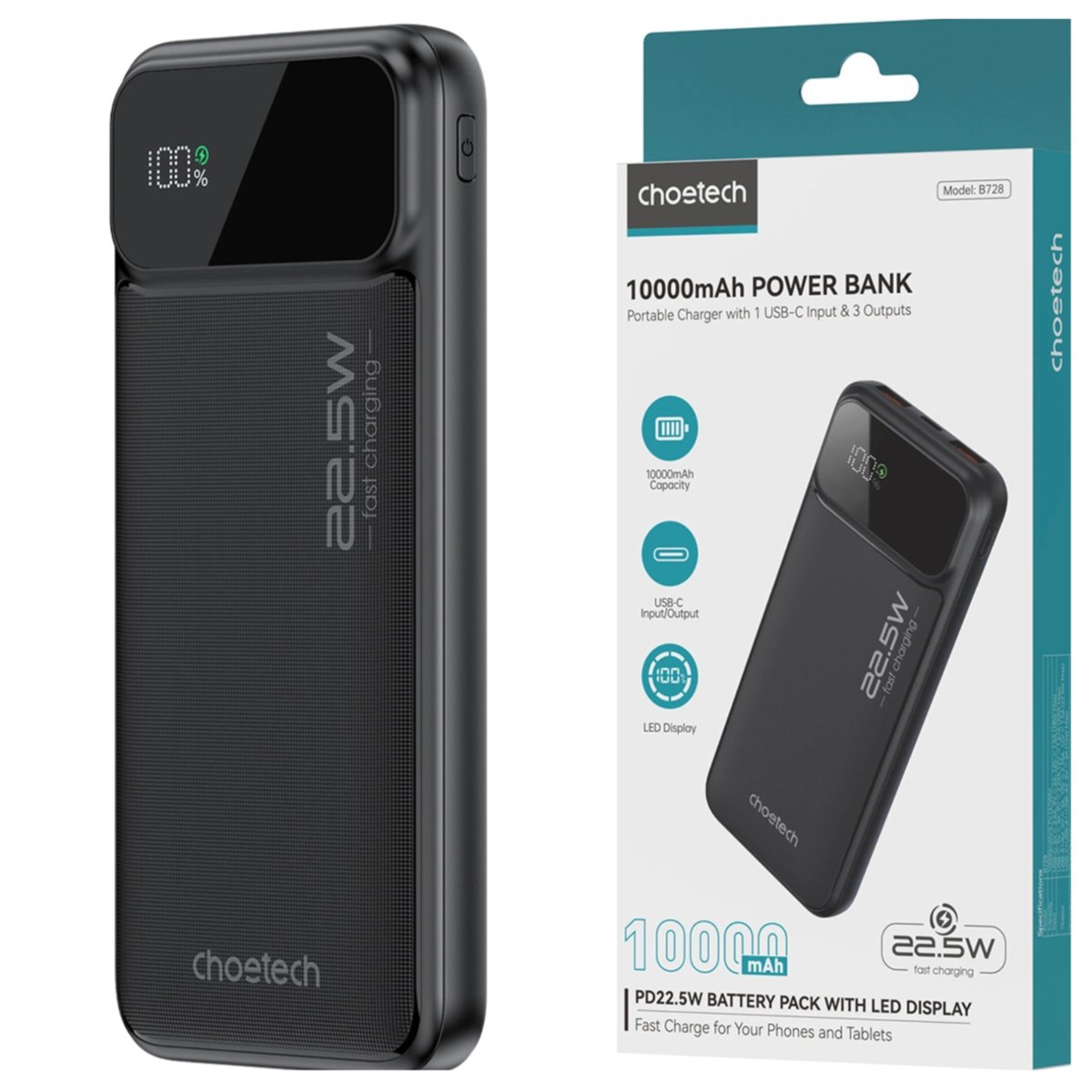 POWERBANK CHOETECH B728 10000MAH 22.5W PD USB-A / USB-C - CZARNY ...