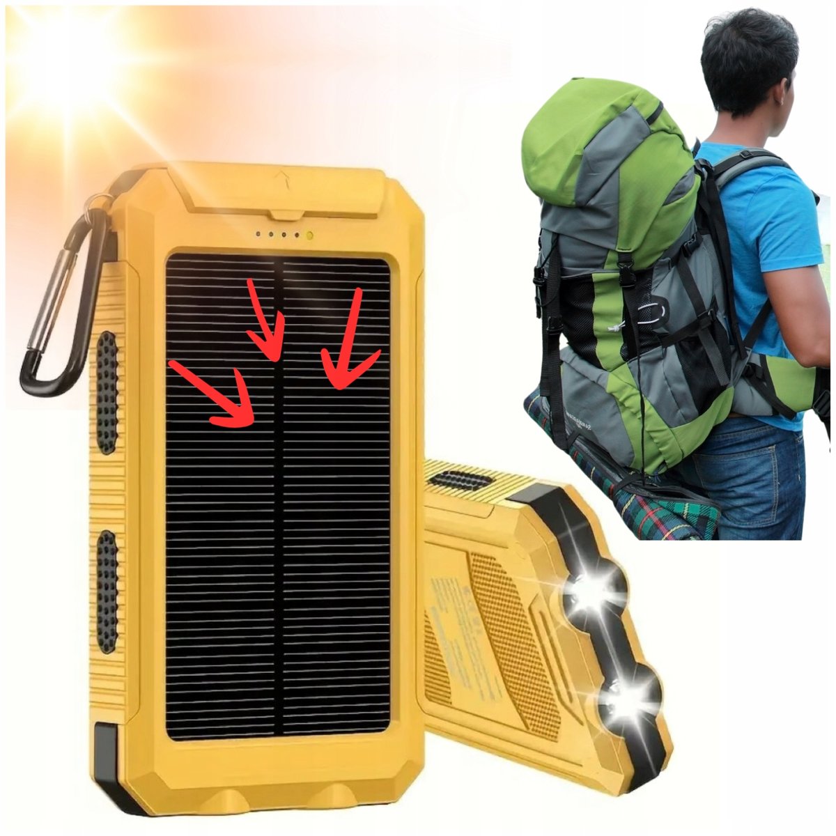 POWERBANK SOLARNY PRZENOŚNY 10000mah Z DIODĄ LED LATARKA KOMPAS 10W ...