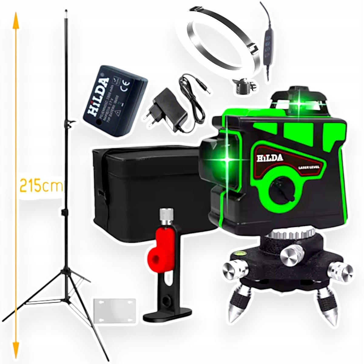 Poziomica Laserowa Laser Krzyżowy Hilda 3D + Statyw 215Cm + Lampa Led ...