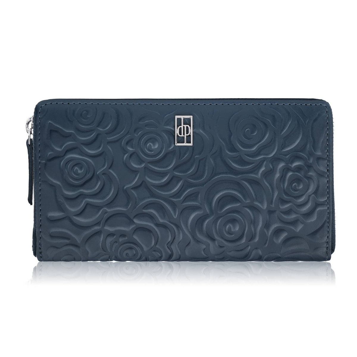 POZIOMY PORTFEL DAMSKI SKÓRZANY GRANATOWY W KWIATY Z METALOWYM LOGO ...