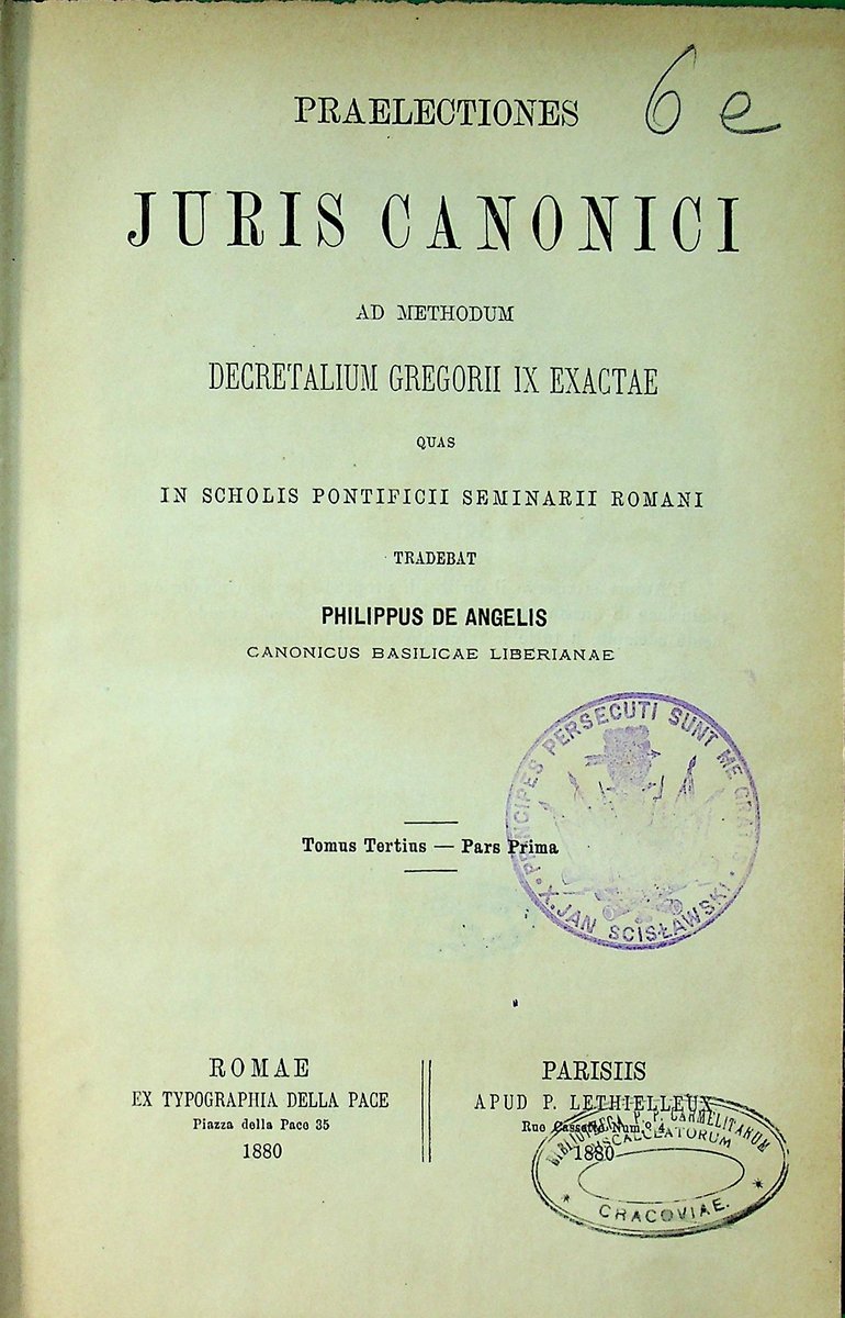 Praelectiones juris canonici Tomus Tertins Pars Prima 1880 r - W opisie ...