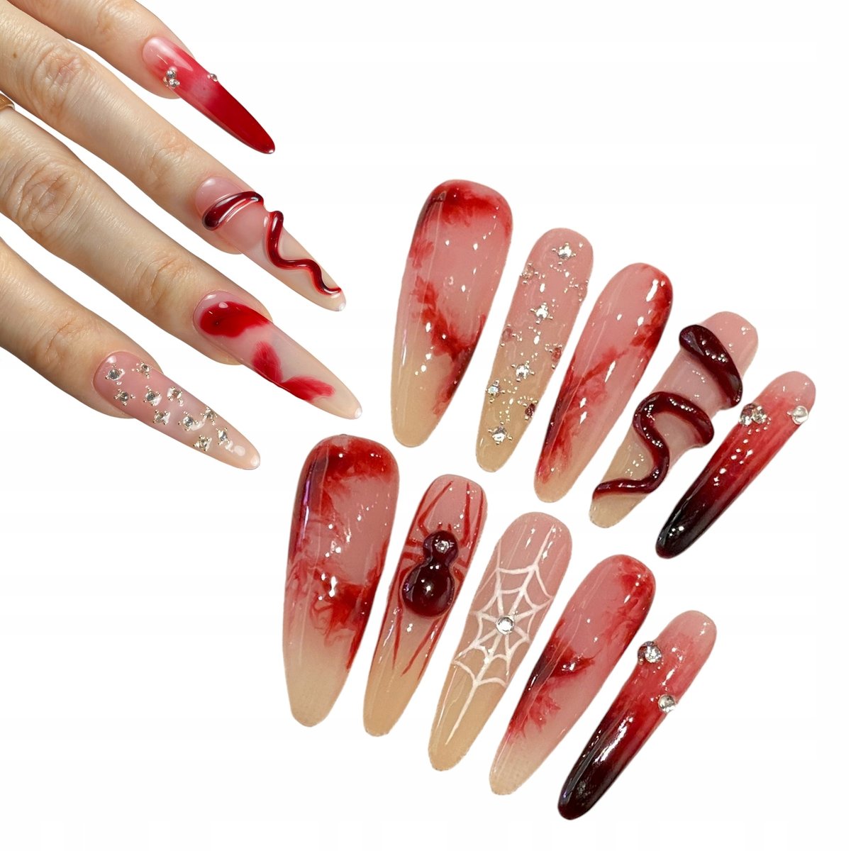 Press On Nails Sztuczne Paznokcie Tipsy Halloween Snake Pająk 3D, L ...