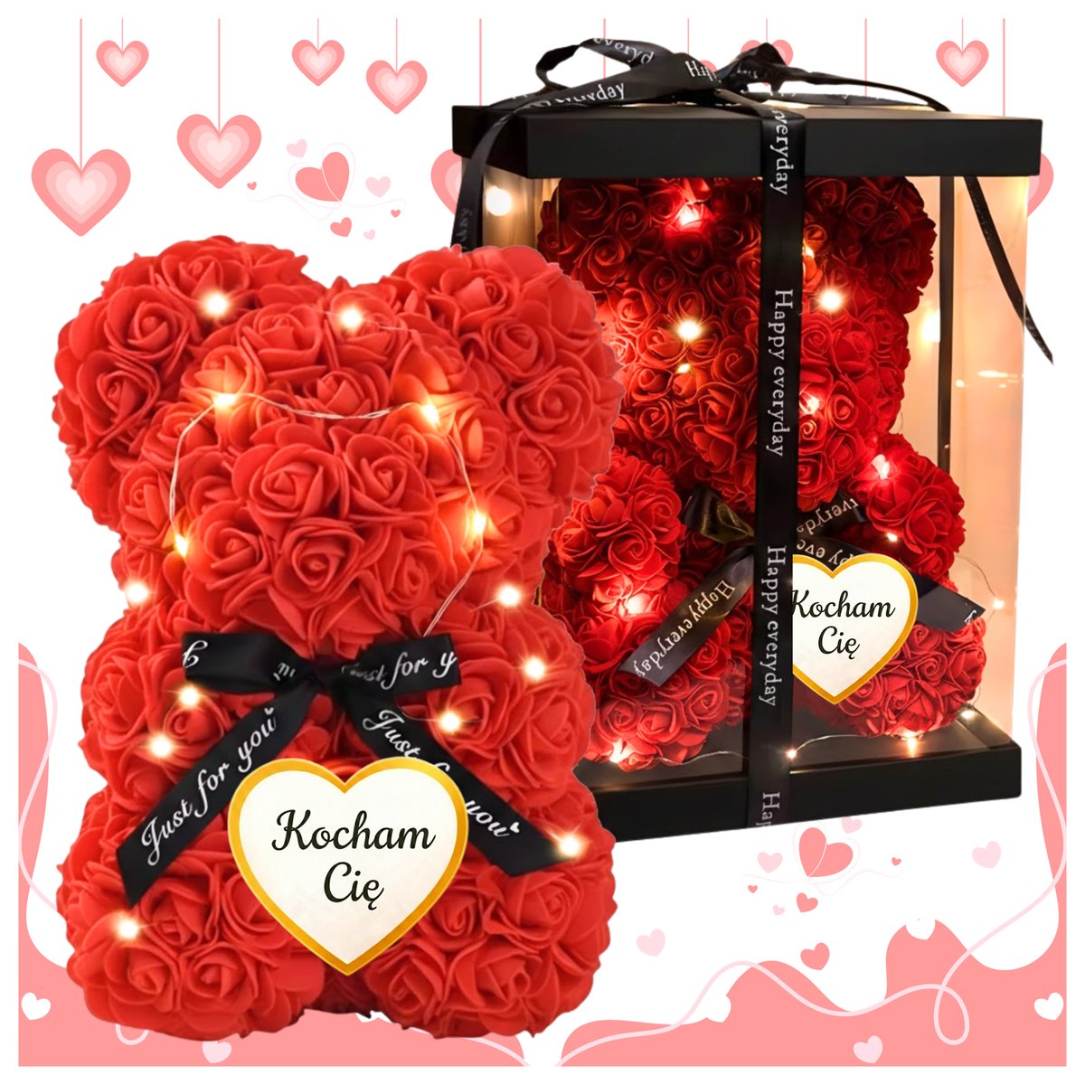 PREZENT NA WALENTYNKI MIŚ Z RÓŻ CZERWONY DUŻY 25 CM LED + ZŁOŻONE ...
