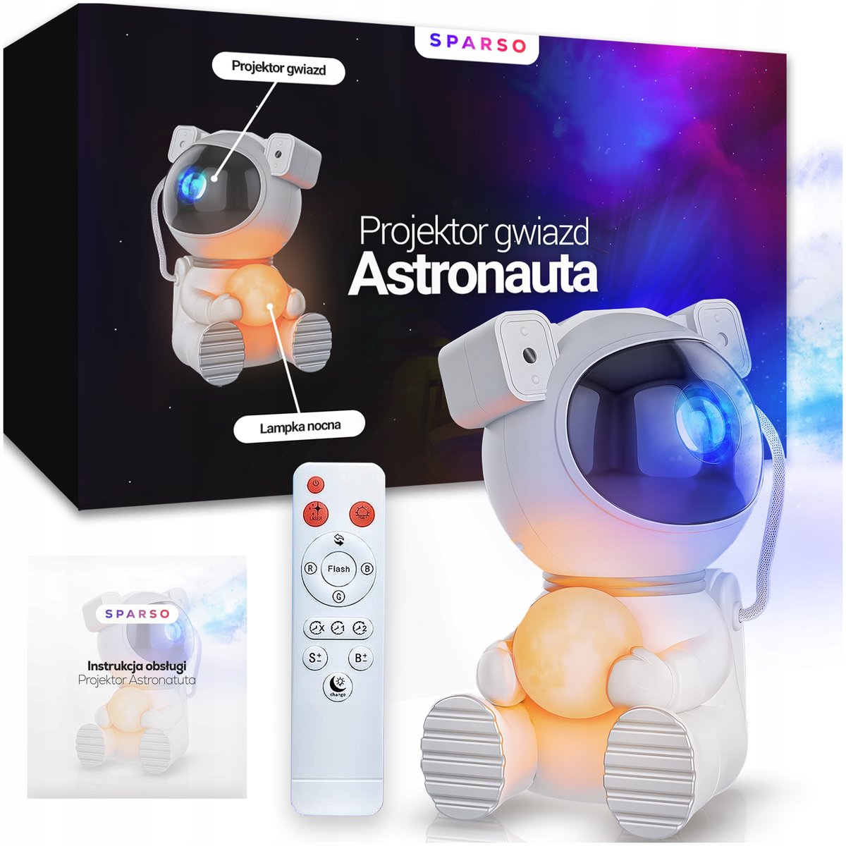 PROJEKTOR GWIAZD ASTRONAUTA Rzutnik LAMPKA NOCNA KSIĘŻYC dla dzieci ...