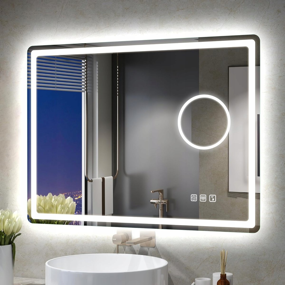 PROSTOKĄTNE LUSTRO ŚCIENNE STARLEAD 80X60CM LED BLUETOOTH ANTYPARA ...