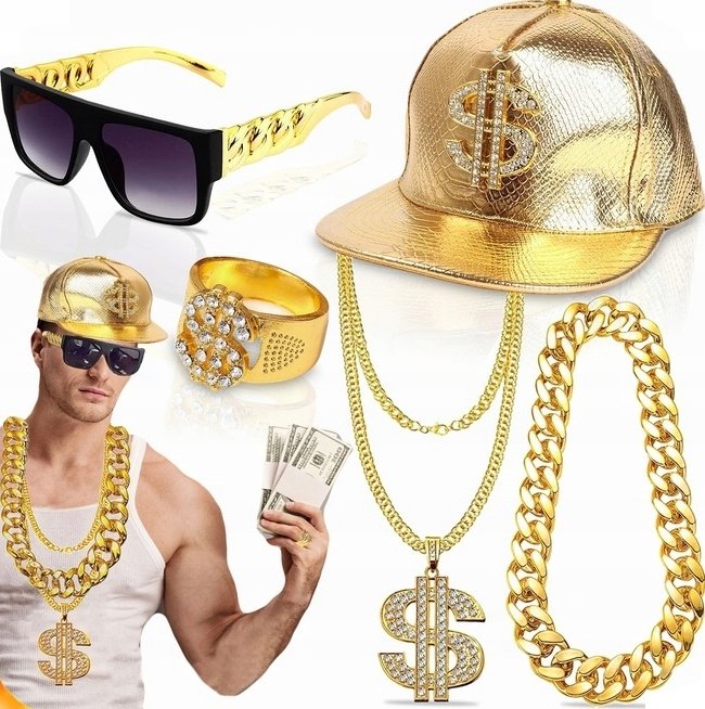 PRZEBRANIE RAPER GANGSTER HIP HOP DOLAR OKULARY ZŁOTY ŁAŃCUCH PIERŚCIEŃ ...