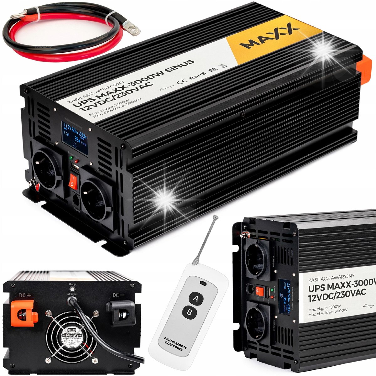 PRZETWORNICA PRĄDU NAPIĘCIA UPS SINUS 12V 230V MAXX 1500/3000W LCD ...