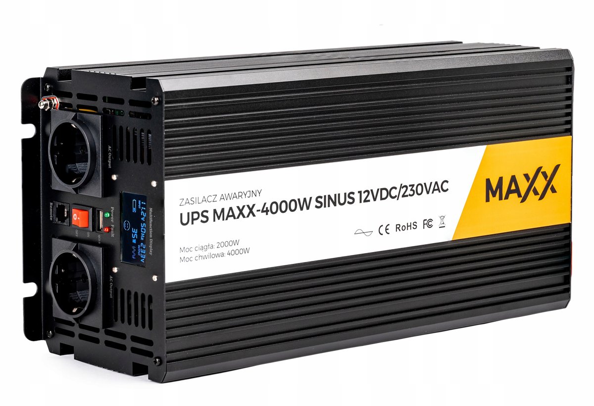 PRZETWORNICA PRĄDU NAPIĘCIA UPS SINUS 12V 230V MAXX 2000 / 4000W LCD ...