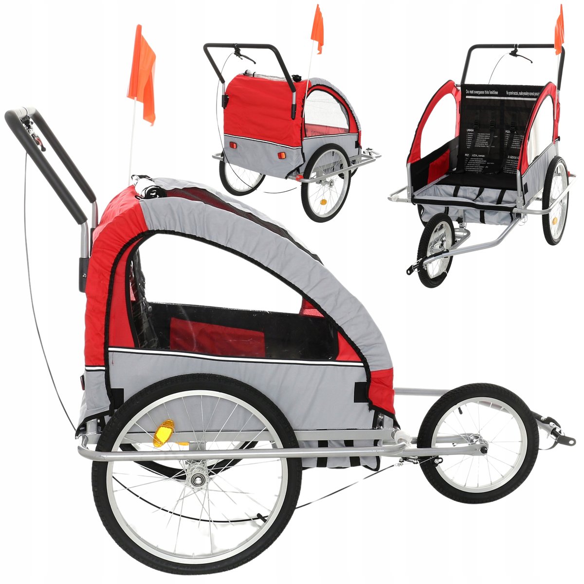 Przyczepka Rowerowa dla Dzieci Amortyzowana Czerwono Szara 2 Osobowa ...