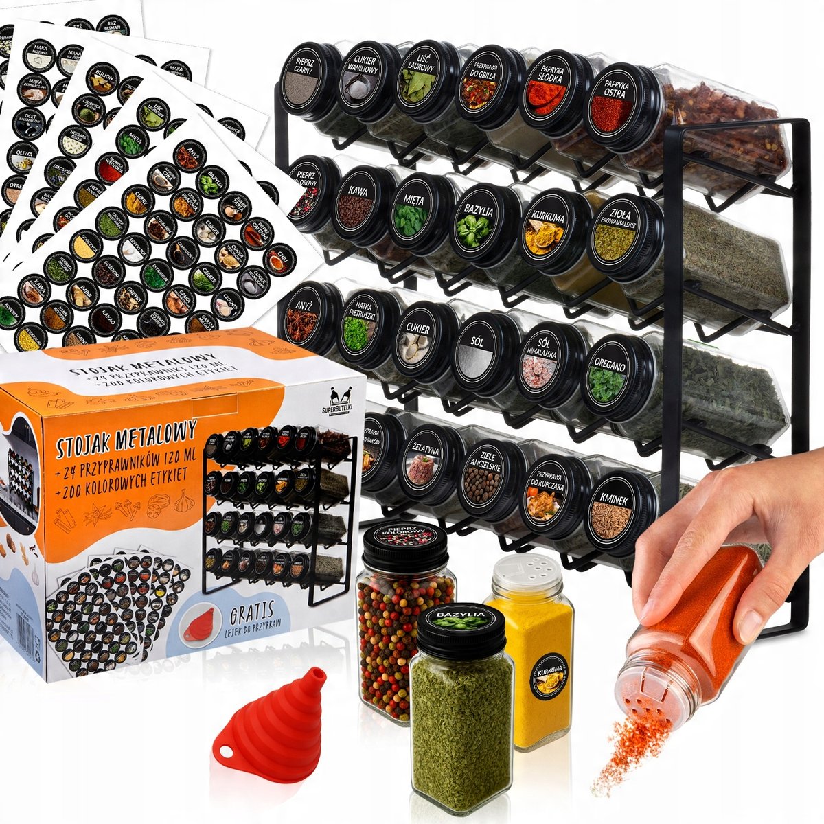 PRZYPRAWNIK STOJAK na PRZYPRAWY ZIOŁA NASIONA + 24x SZKLANE POJEMNIKI ...