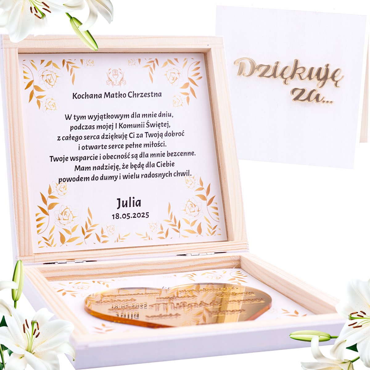 PUDEŁKO PODZIĘKOWANIE DLA CHRZESTNYCH KOMUNIA ŚWIĘTA PAMIĄTKA SERCE ZŁOTE - Wyczaruj Prezent ...