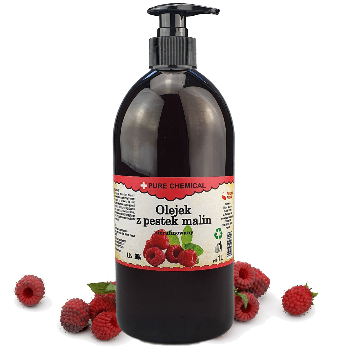 Pure Chemical, Olej Z Pestek Malin Nierafinowany Naturalny Zimno Tłoczony + Dozownik, 1000ml ...