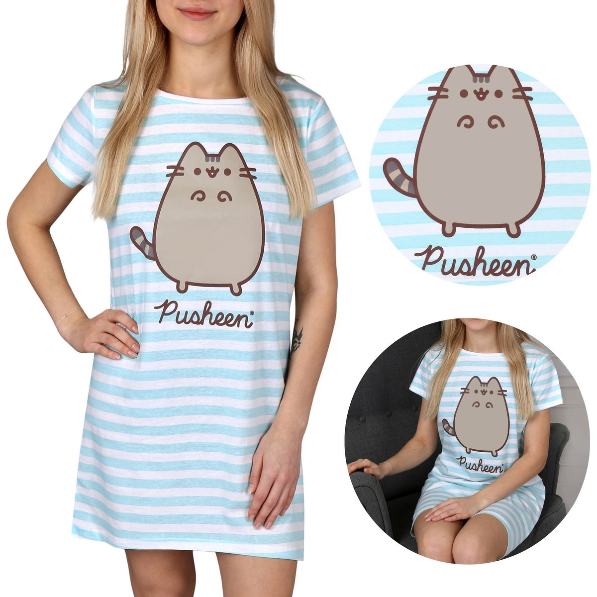 Pusheen Niebiesko-biała, damska koszulka do spania w paski, bawełniana koszulka nocna M - sarcia ...